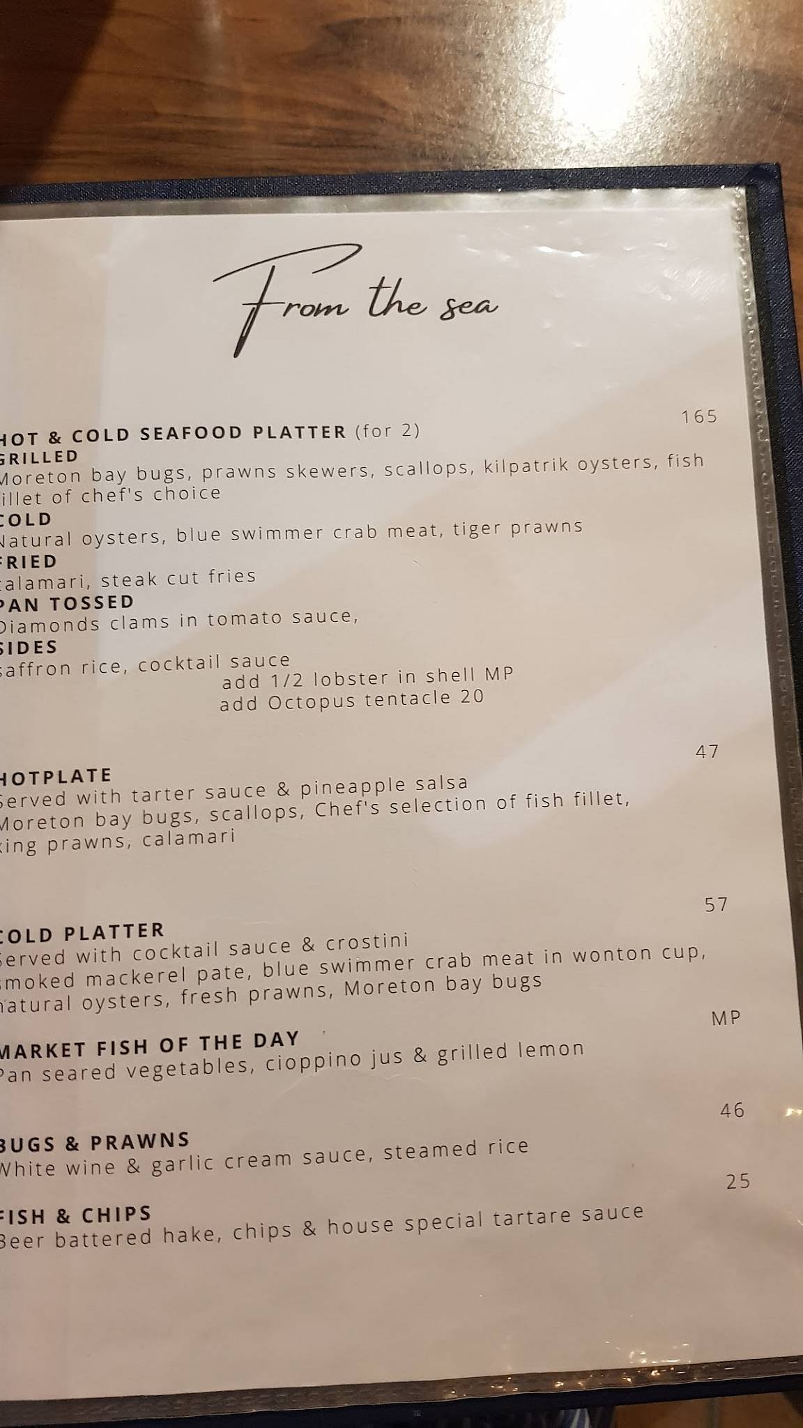 Menu at Sage Yellowfin restaurant, South Brisbane