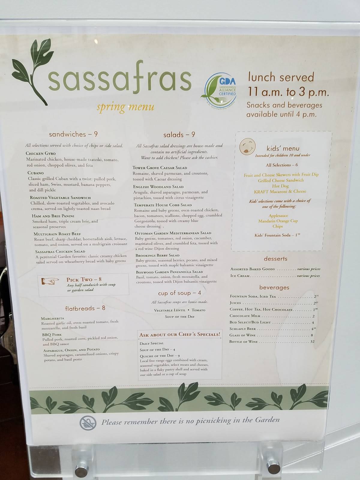 Menu at Sassafras restaurant, St. Louis