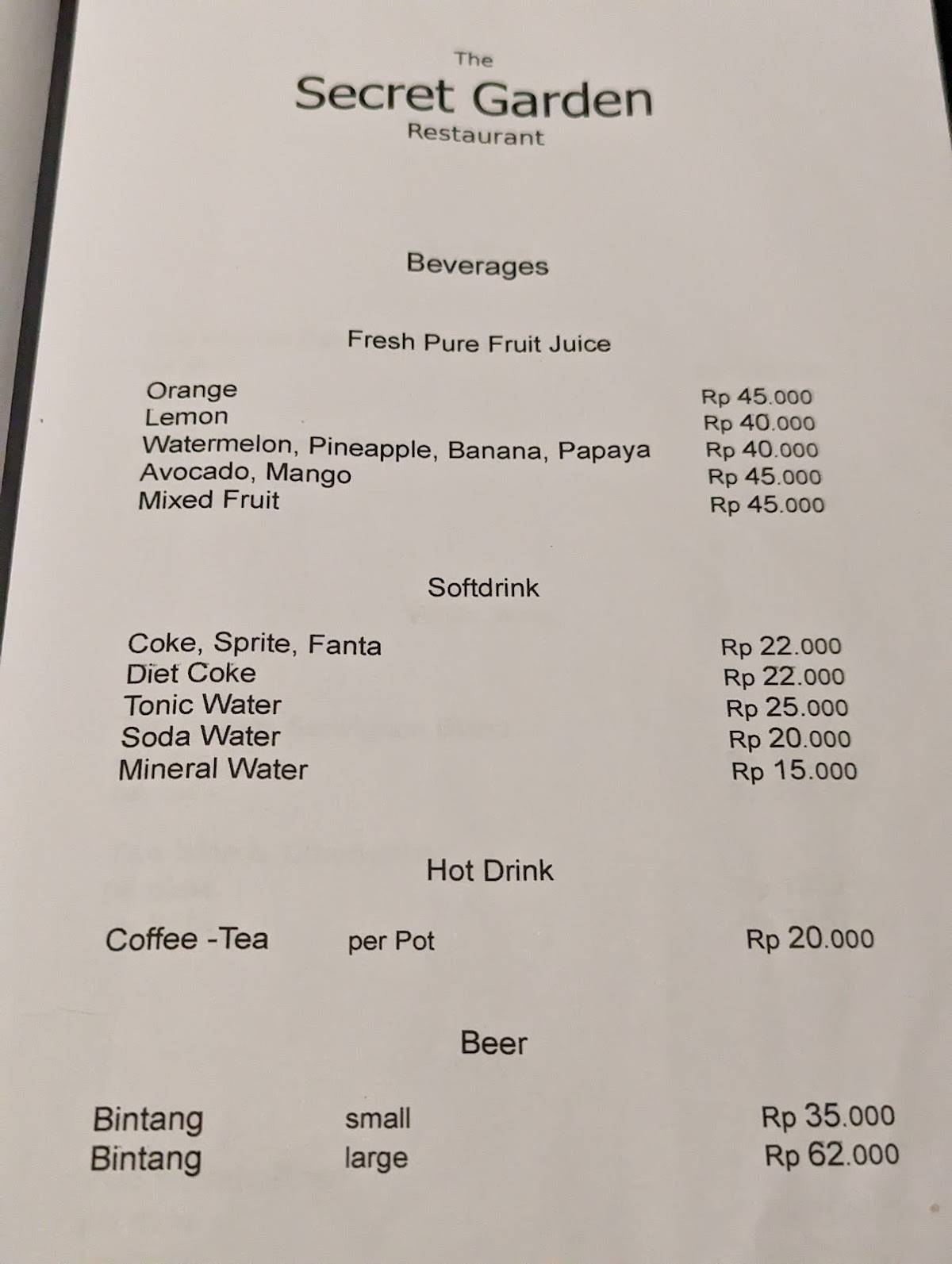 Menu at Secret Garden Restaurant, Anturan