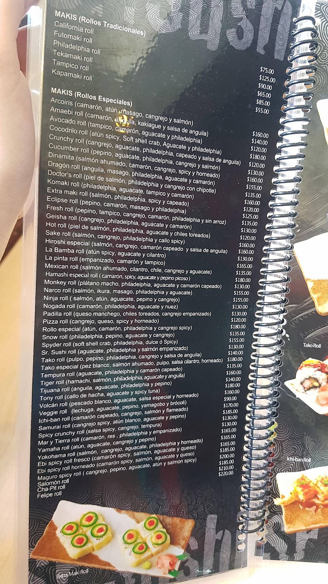 Menu at Señor Sushi restaurant, Tijuana