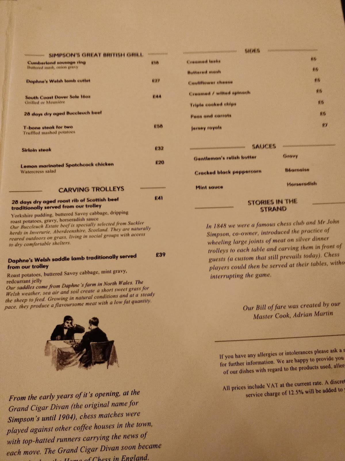 Menu at Simpson's in the Strand restaurant, London