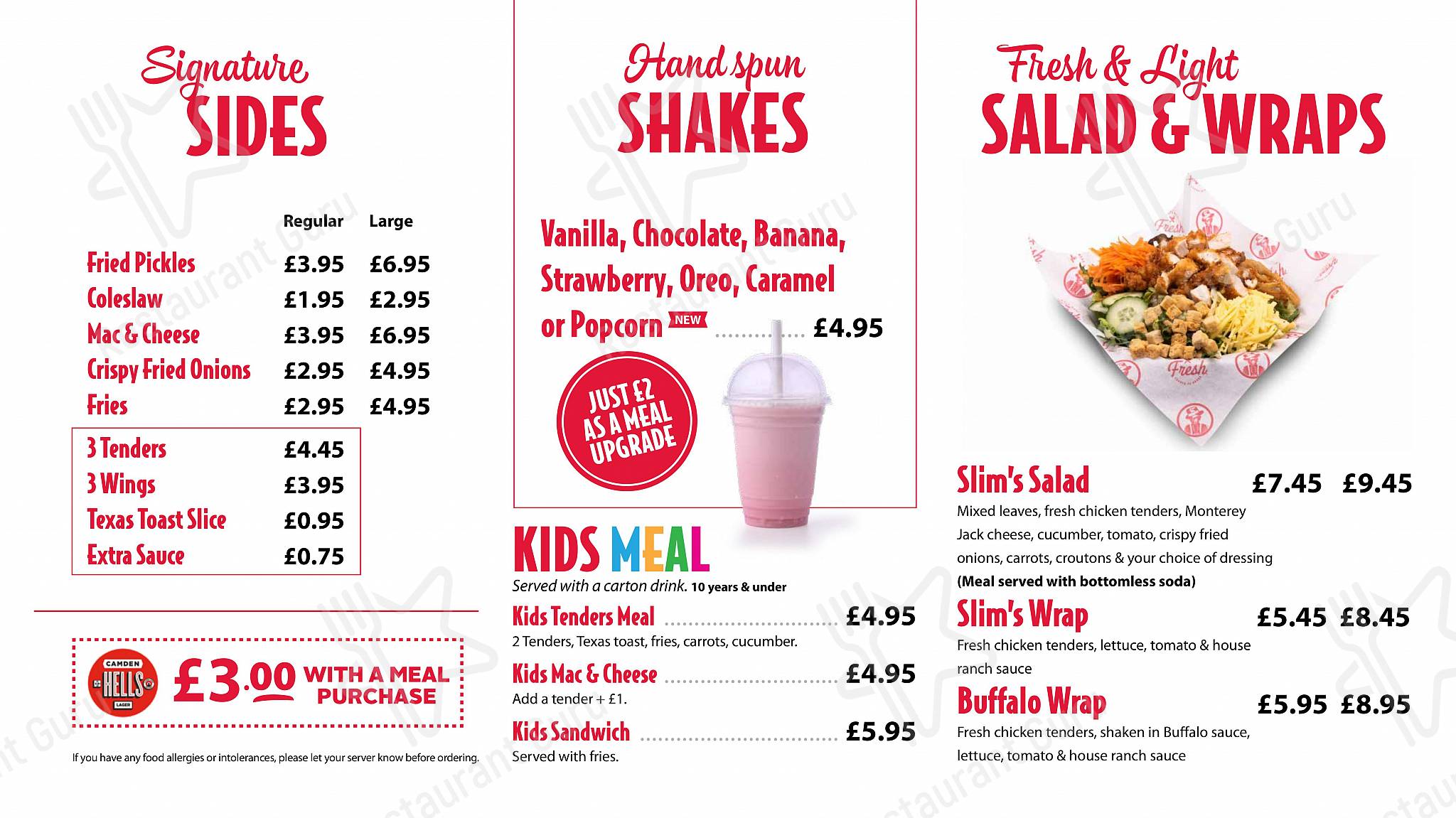 Menu at Slim Chickens restaurant, London, 12 Moor St