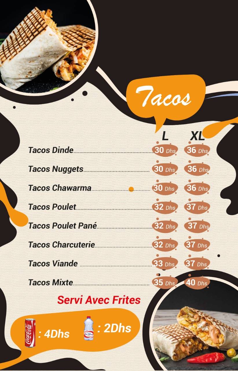 Menu at Snack Al hijra restaurant, Meknes