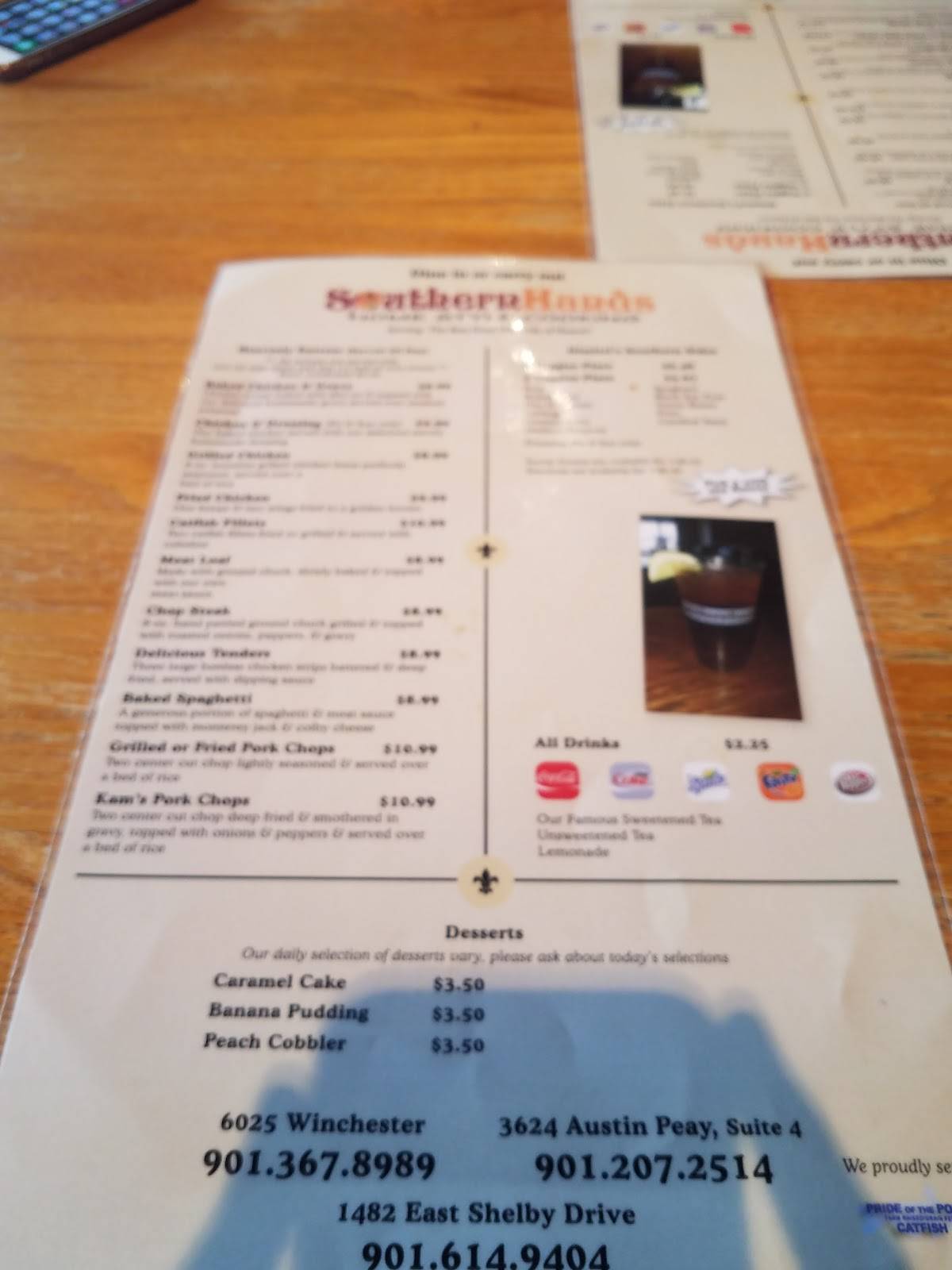 Menu at Southern Hands Homestyle Cooking restaurant, Memphis, Winchester Rd