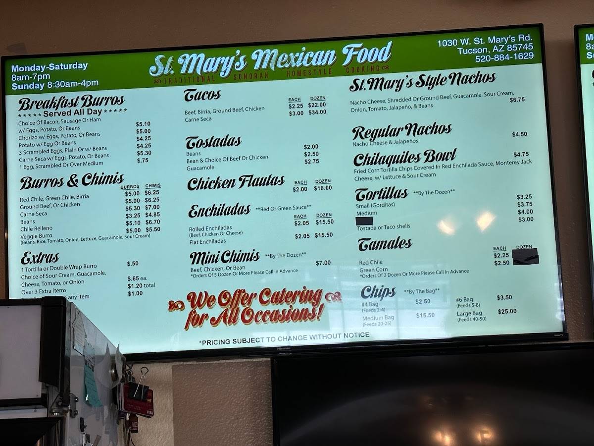 Menu at St. Mary's Mexican Food restaurant, Tucson
