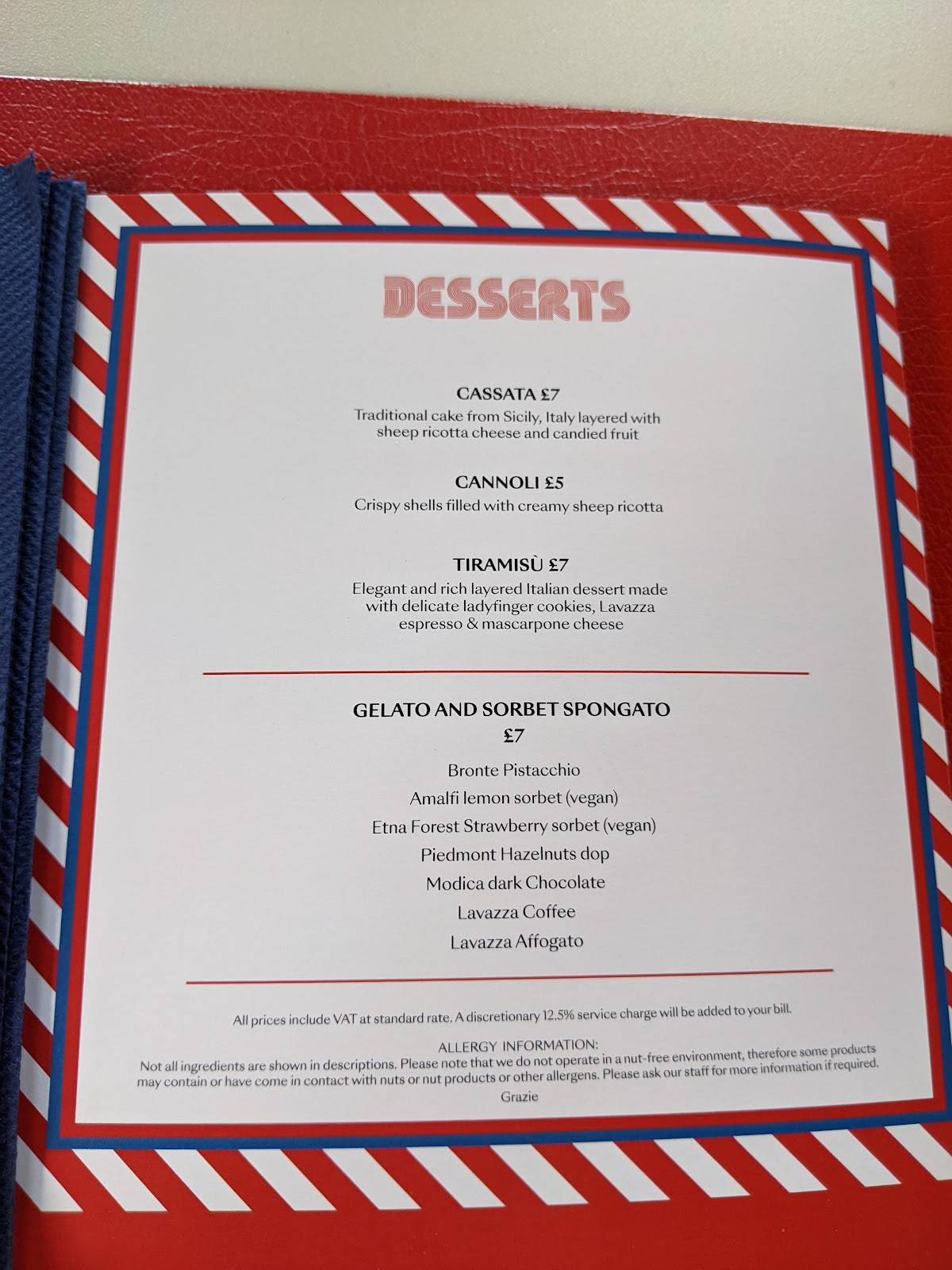 Menu at Stripes Amalfi Terrace restaurant, London