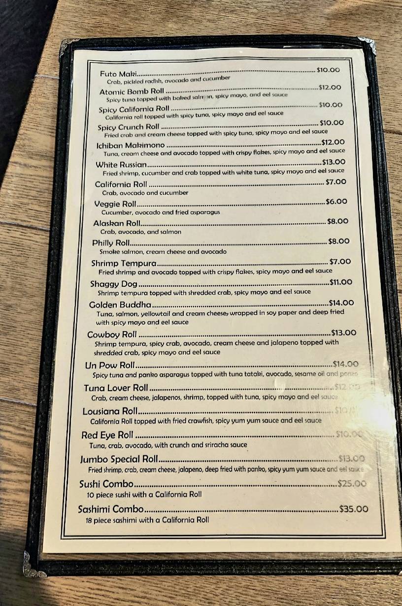 Menu at Sumo Japanese Restaurant, Longview