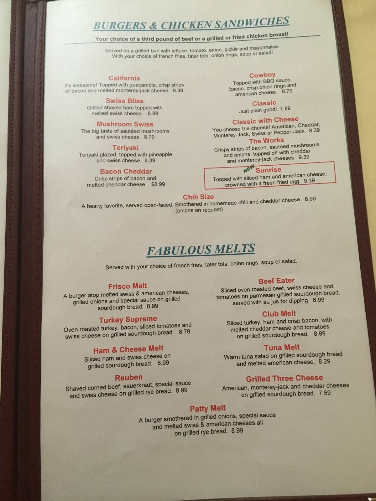 Menu at Sunrise Inn restaurant, Nampa