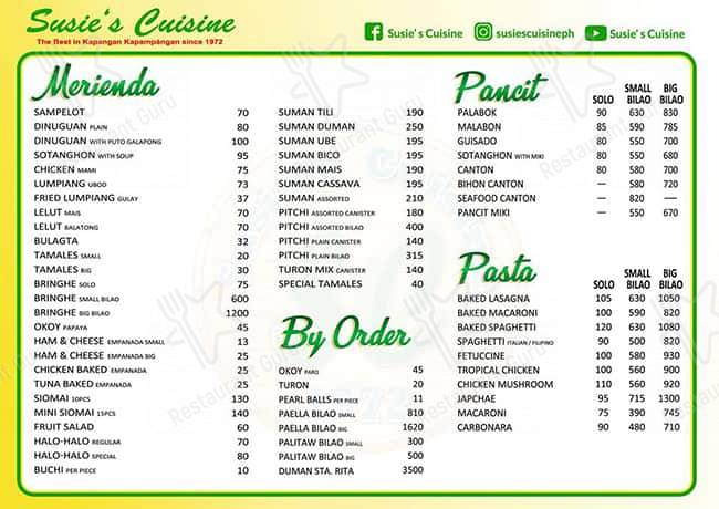 Menu at Susie's Cuisine Morato restaurant, Quezon City, Scout Bayoran