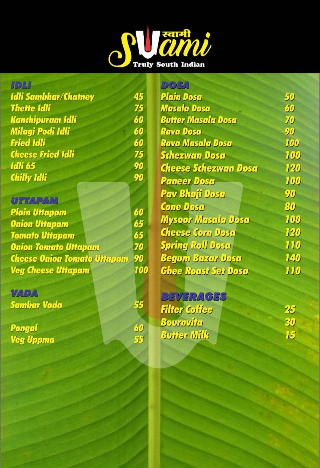 Menu at Swami, Truly South Indian, Nagpur