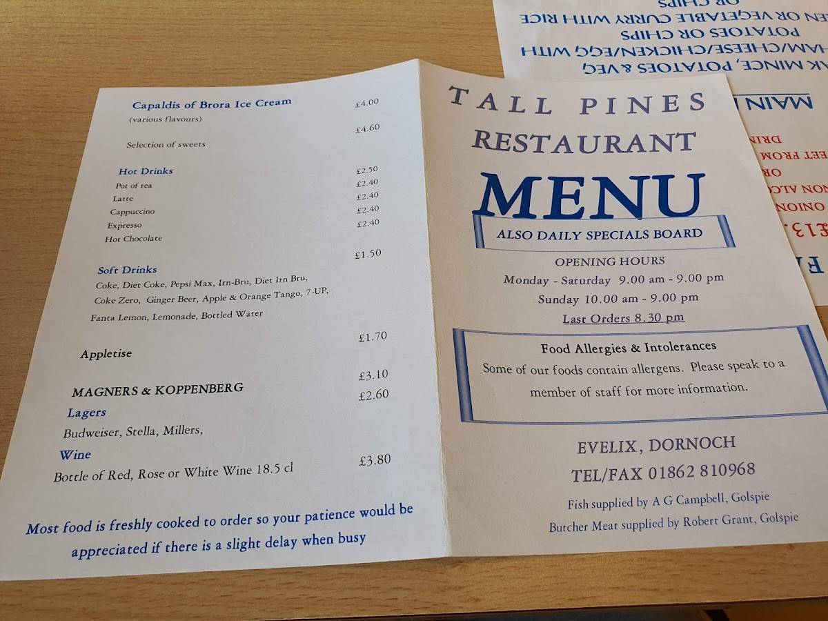 Menu at Tall Pines restaurant, Dornoch