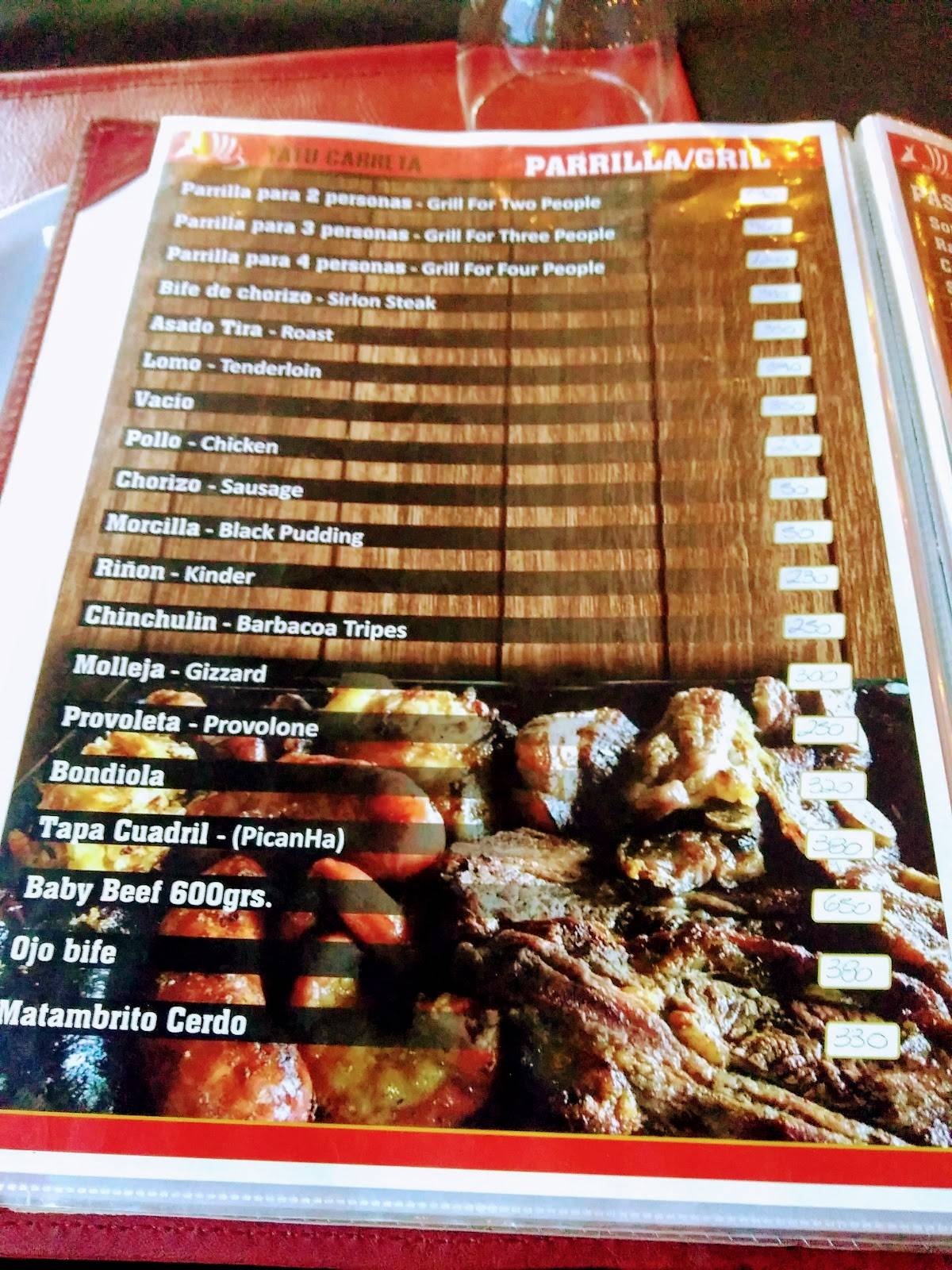 Menu at Tatu Carreta restaurant, Puerto Iguazú, Av. Victoria Aguirre 773