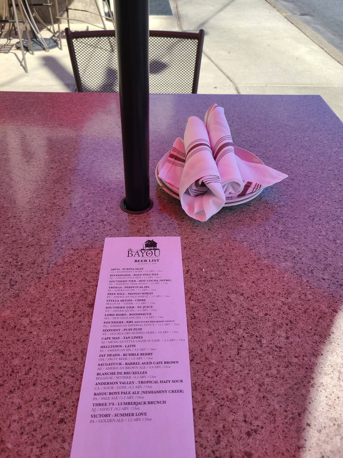 Menu at The Bayou restaurant, Bethlehem