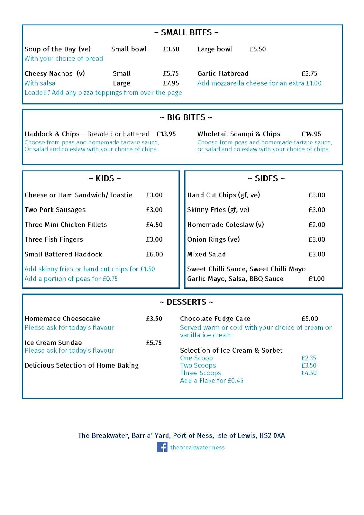 Menu at The Breakwater restaurant, Lionel