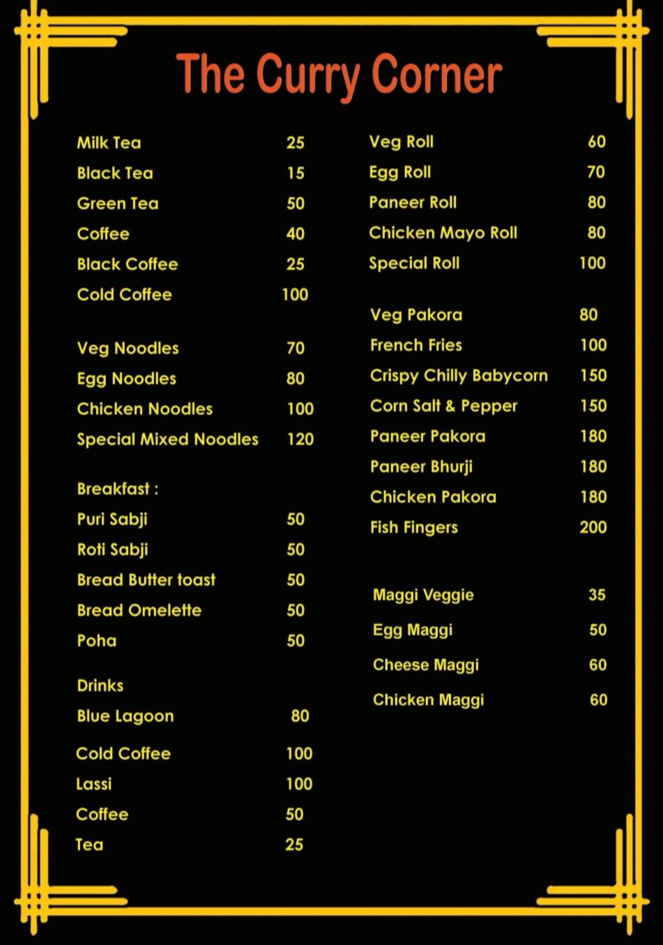 Menu at The Curry Corner, Guwahati