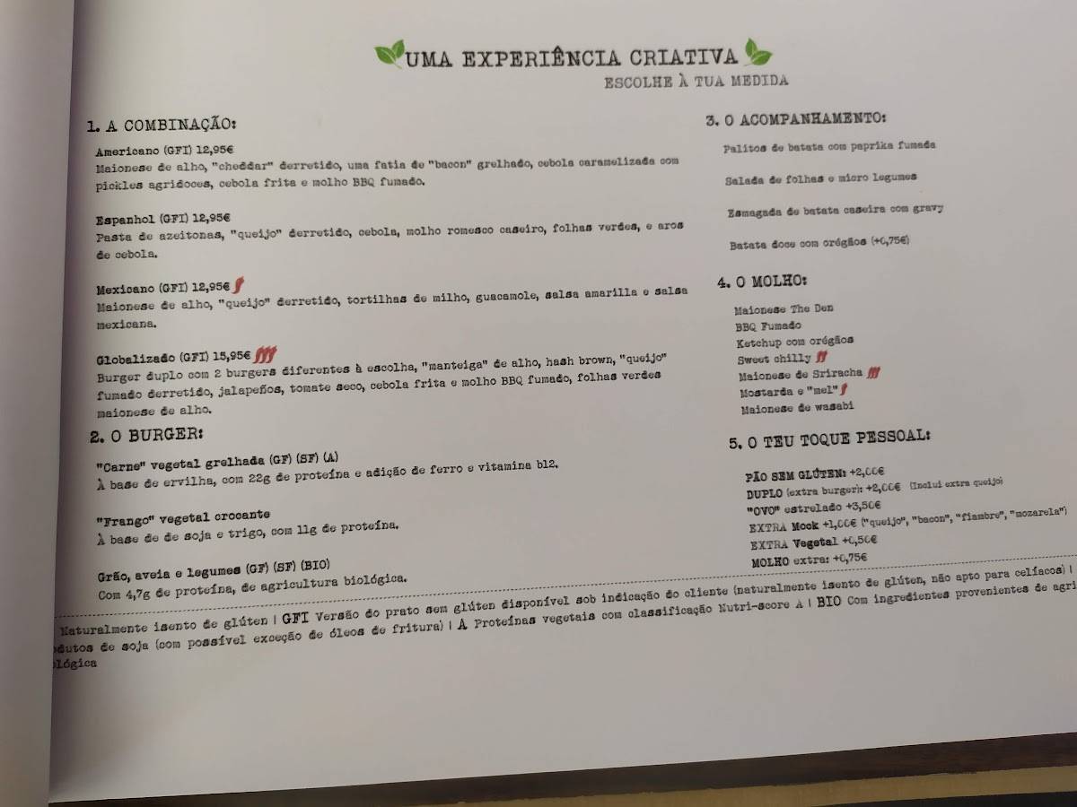Menu at The Den - Uma experiência à base de plantas restaurant, Oeiras