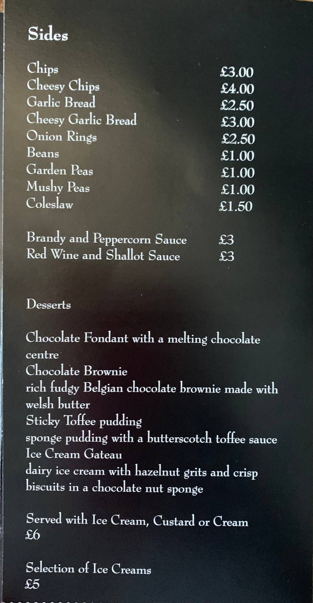 Menu at The Queen's Hotel restaurant, Harlech
