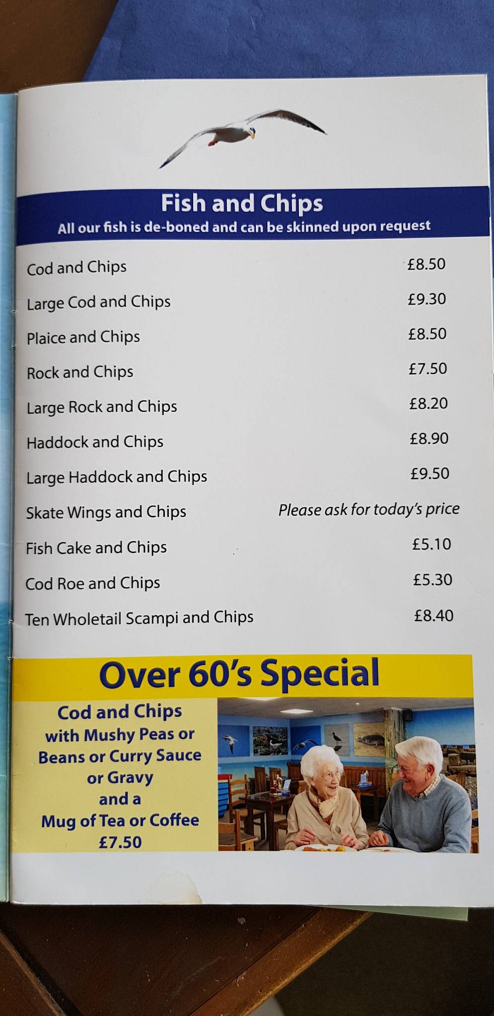 Menu at The Sheringham Trawler restaurant, Sheringham