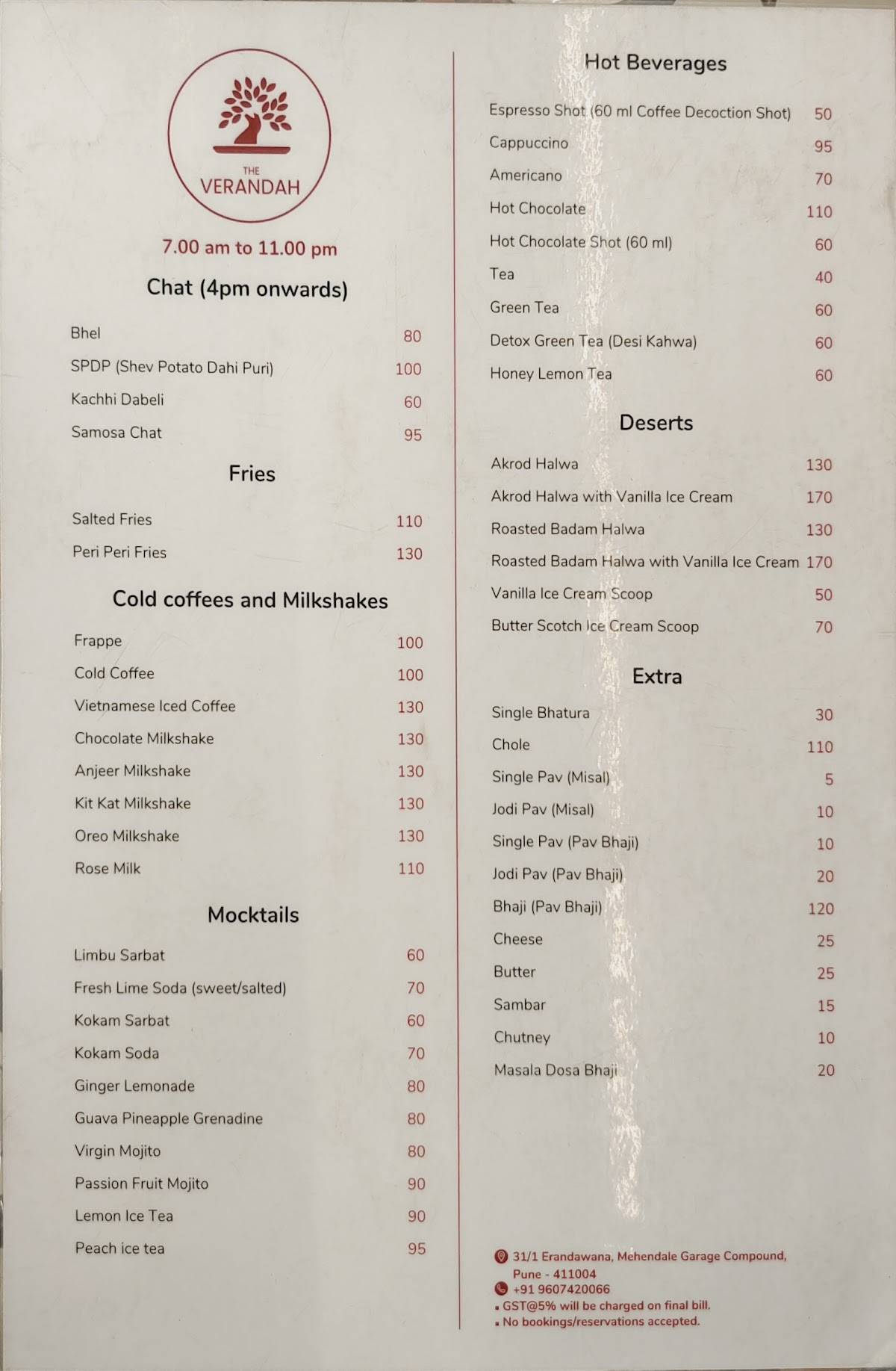 Menu at Verandah, Pune