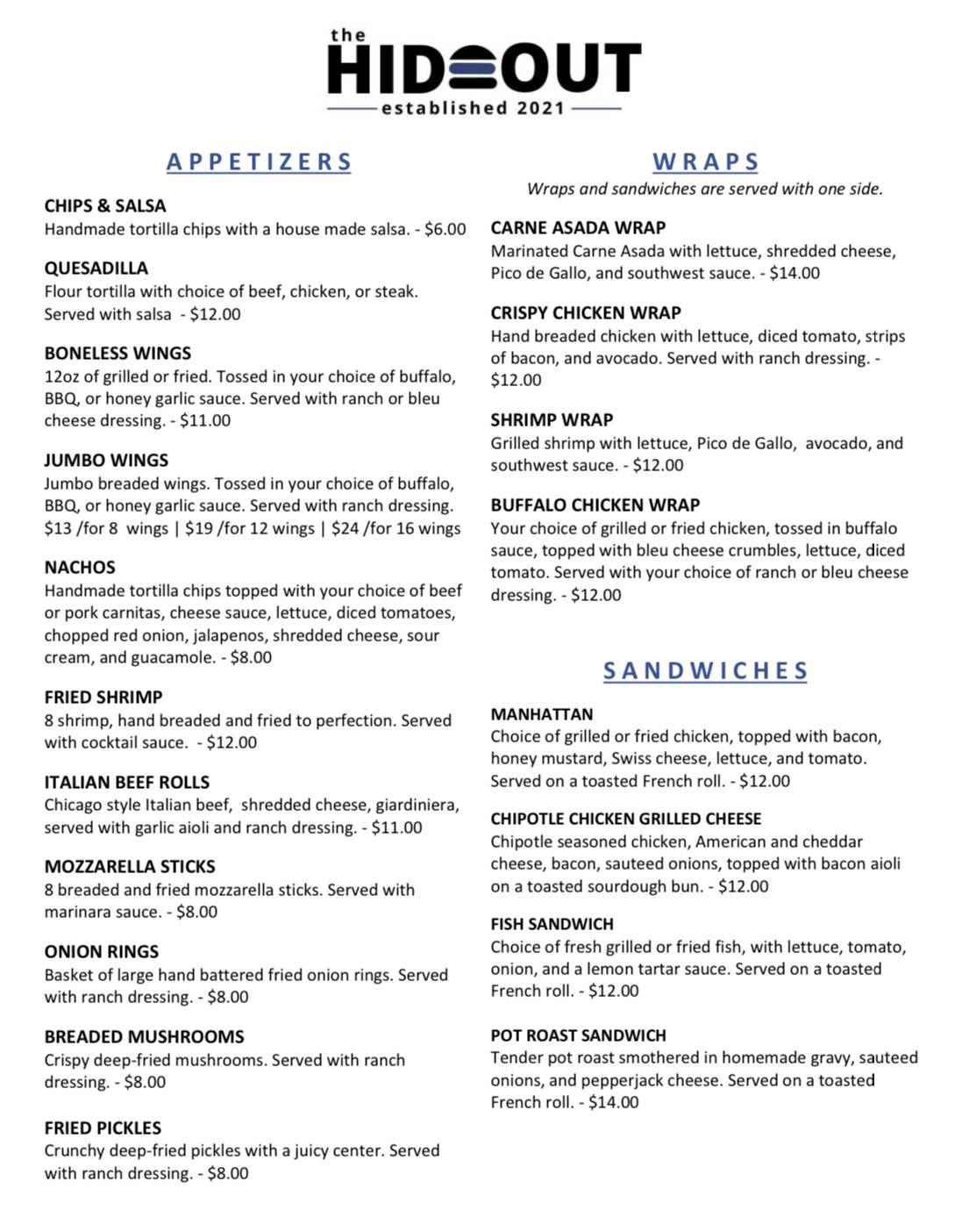 Menu at The Hideout restaurant, Morris