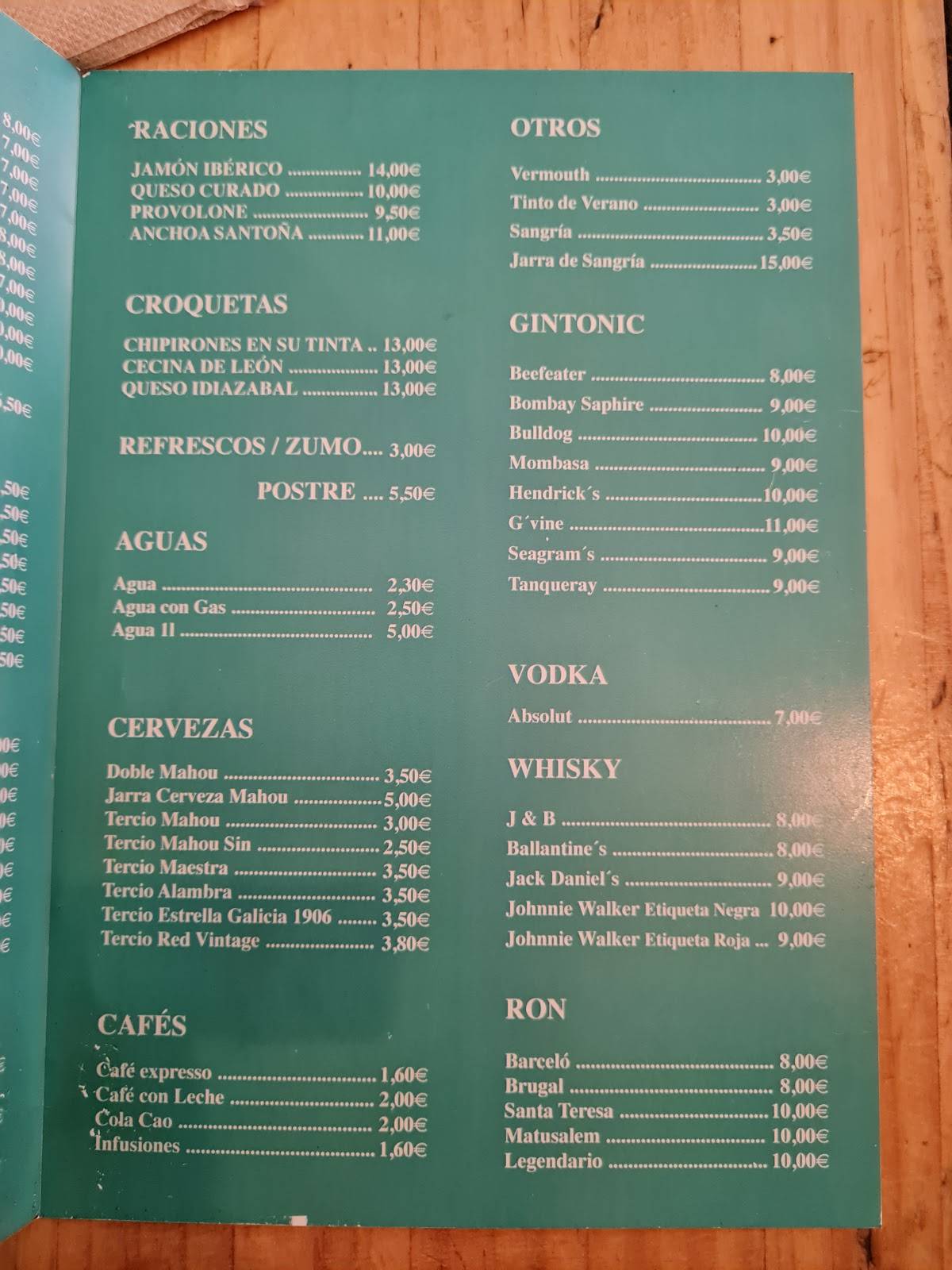 Menu at Tinto y Tapas II San Pedro restaurant, Madrid, C. de San Pedro