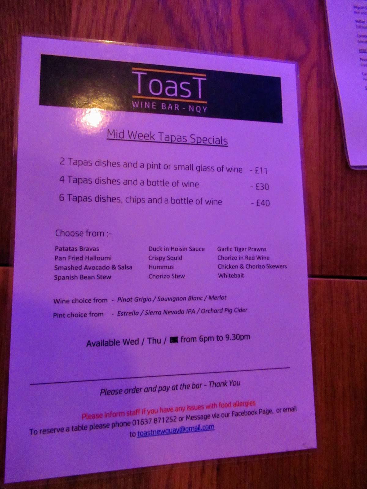 Menu at Toast Tapas & Bar, Newquay