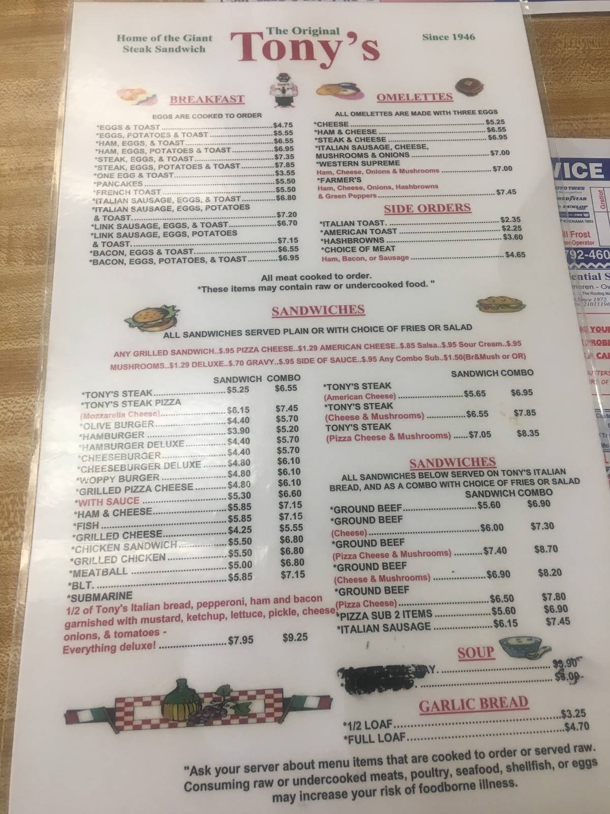 Menu at Tony's Original Restaurants, Saginaw, Gratiot Ave