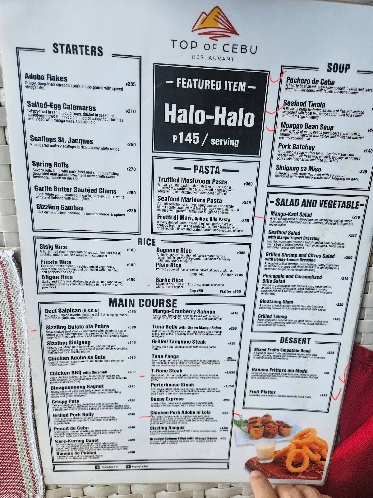 Menu at Top of Cebu restaurant, Cebu City
