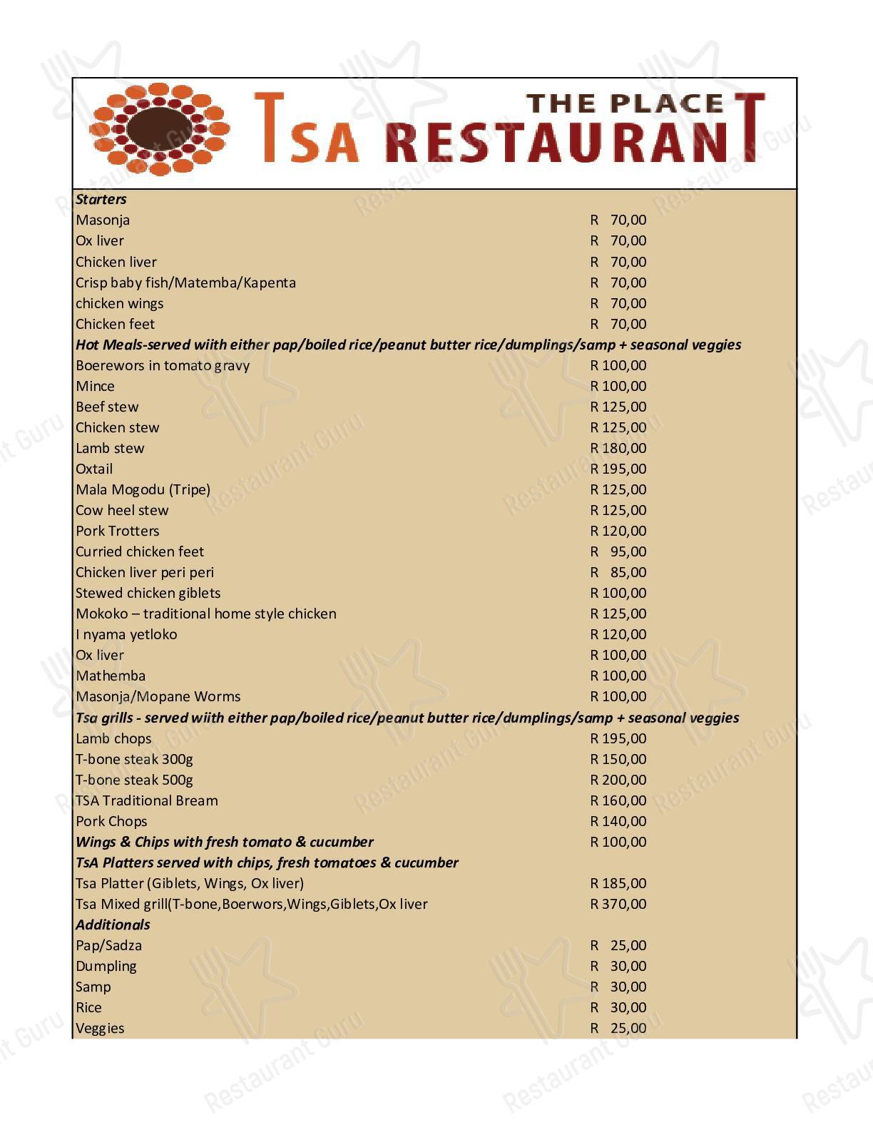 Menu at Tsa Douglasdale Fourways restaurant, Sandton