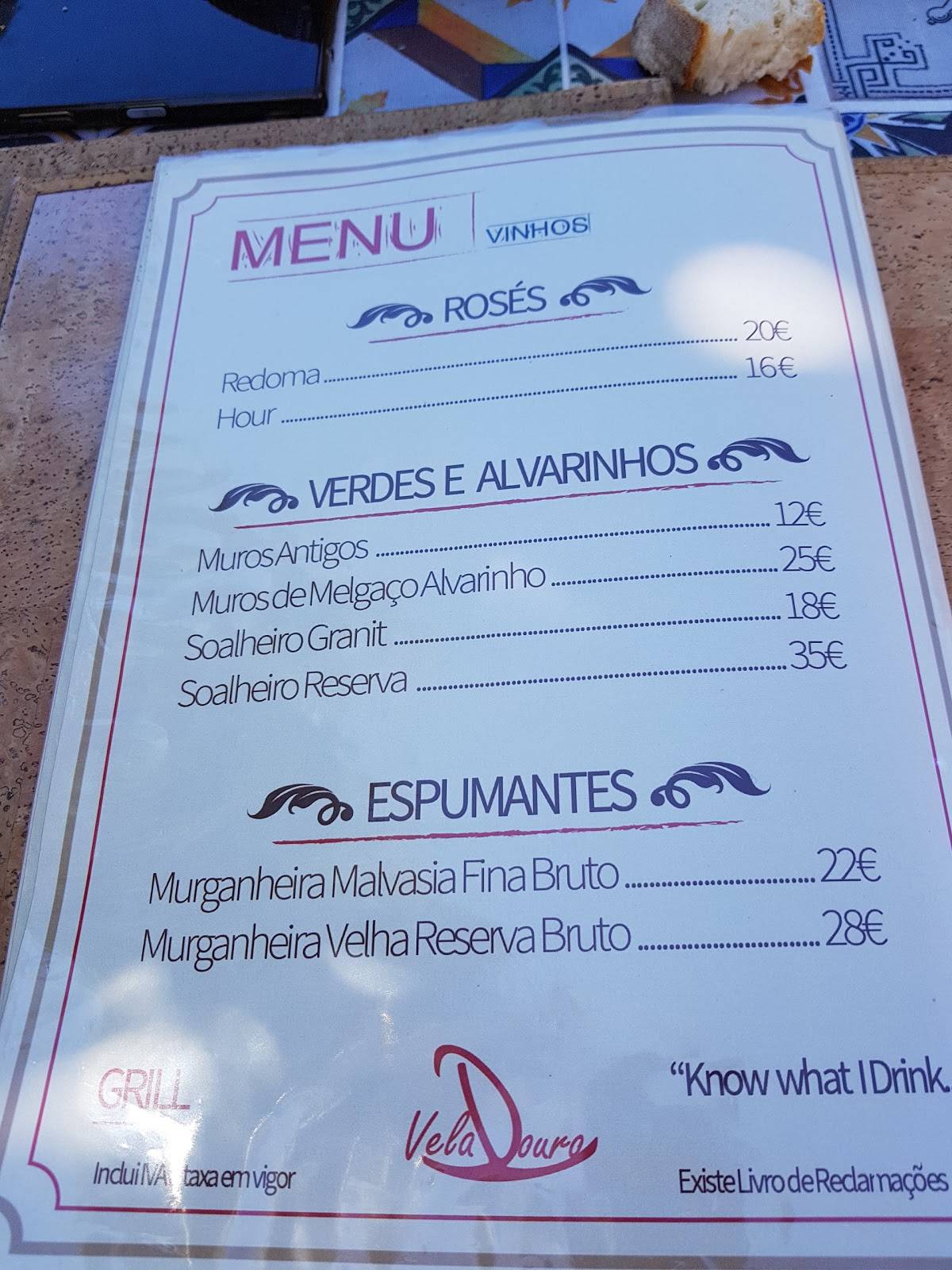 Menu at Veladouro restaurant, Pinhão