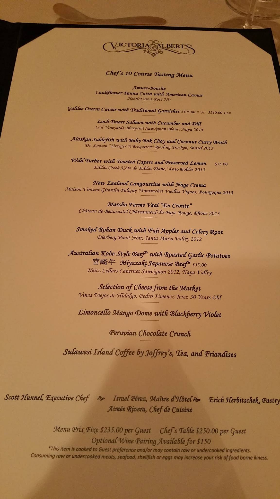 Menu at Victoria & Albert's restaurant, Orlando