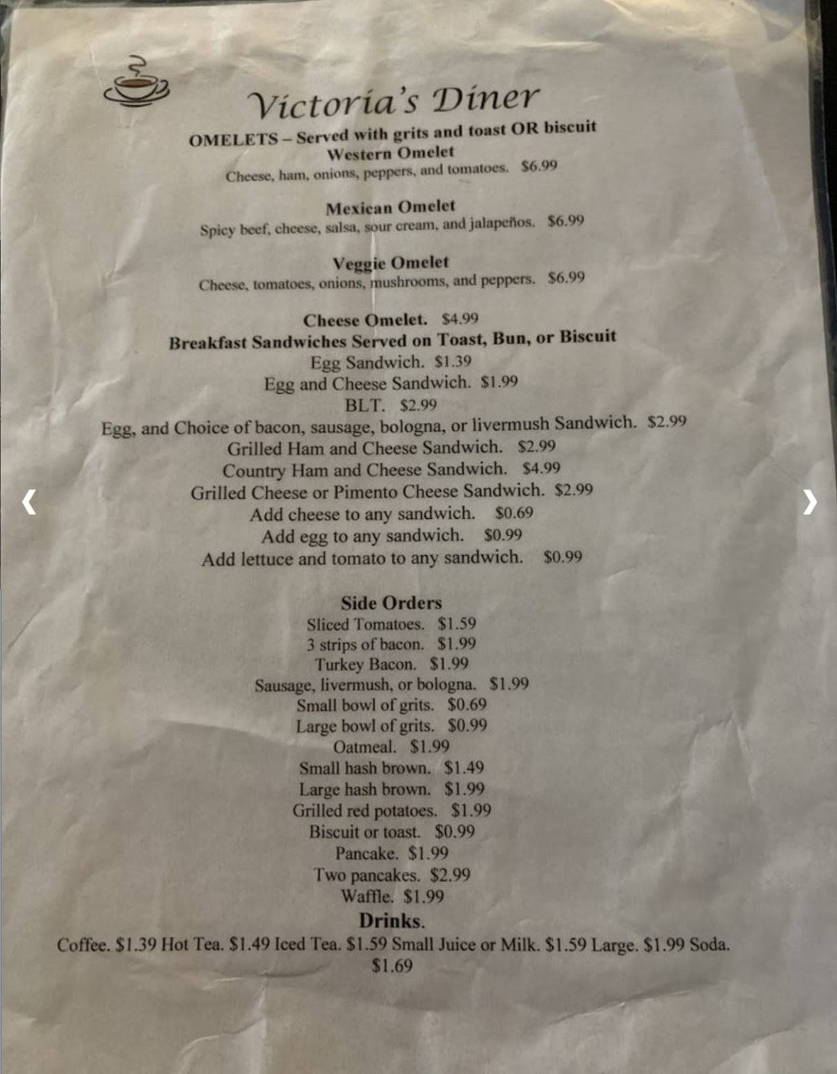 Menu at Victoria's Diner restaurant, Clover