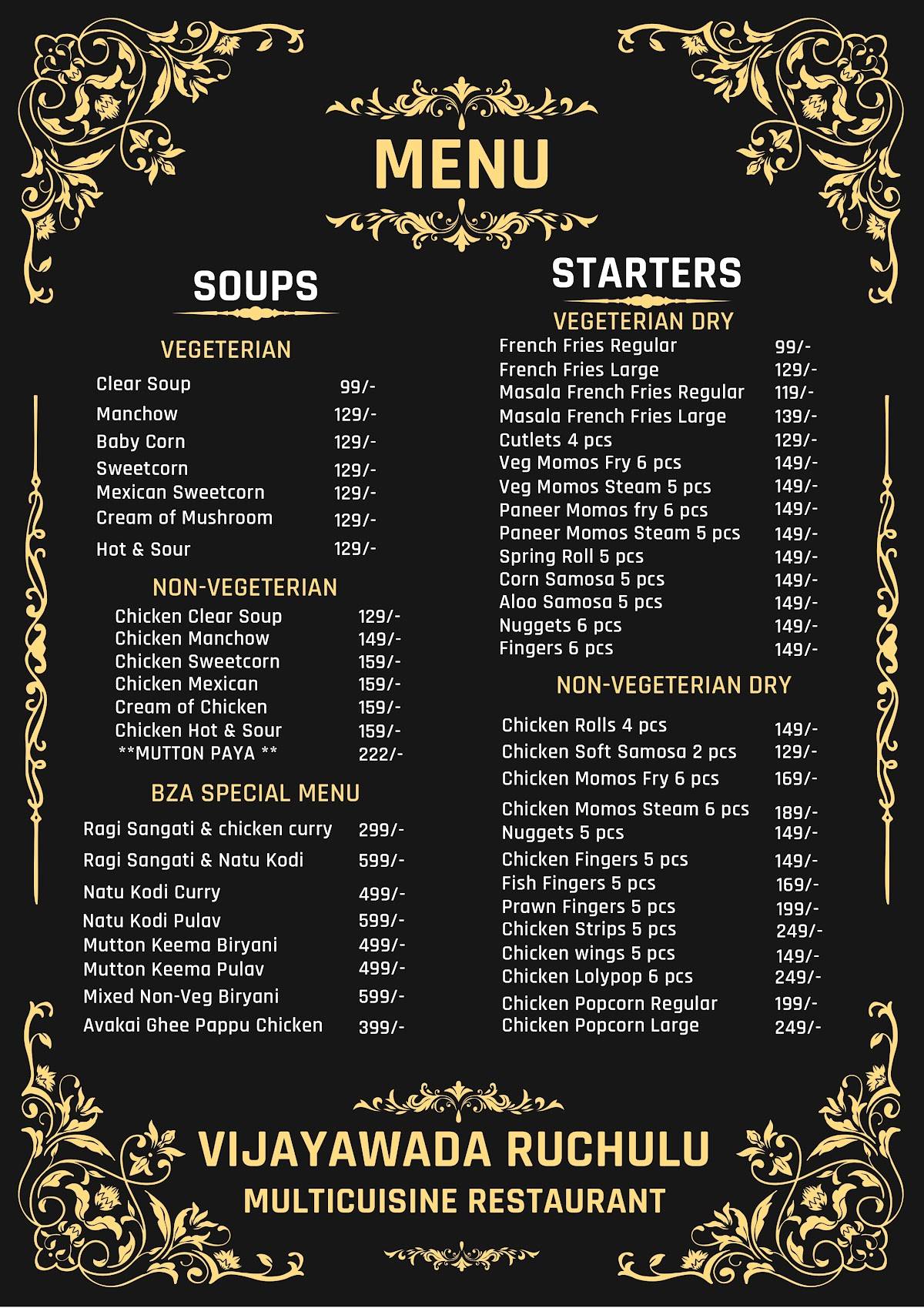 Menu at Vijayawada Ruchulu, Visakhapatnam