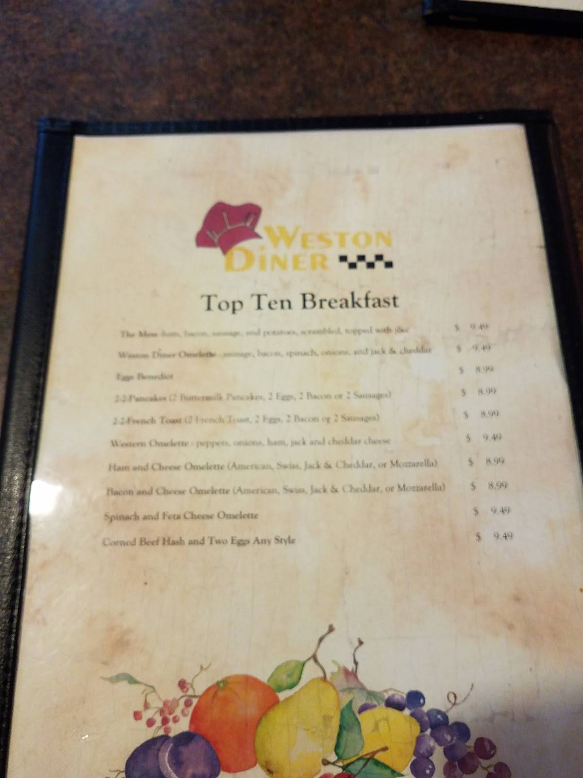 Menu at Weston Diner restaurant, Weston