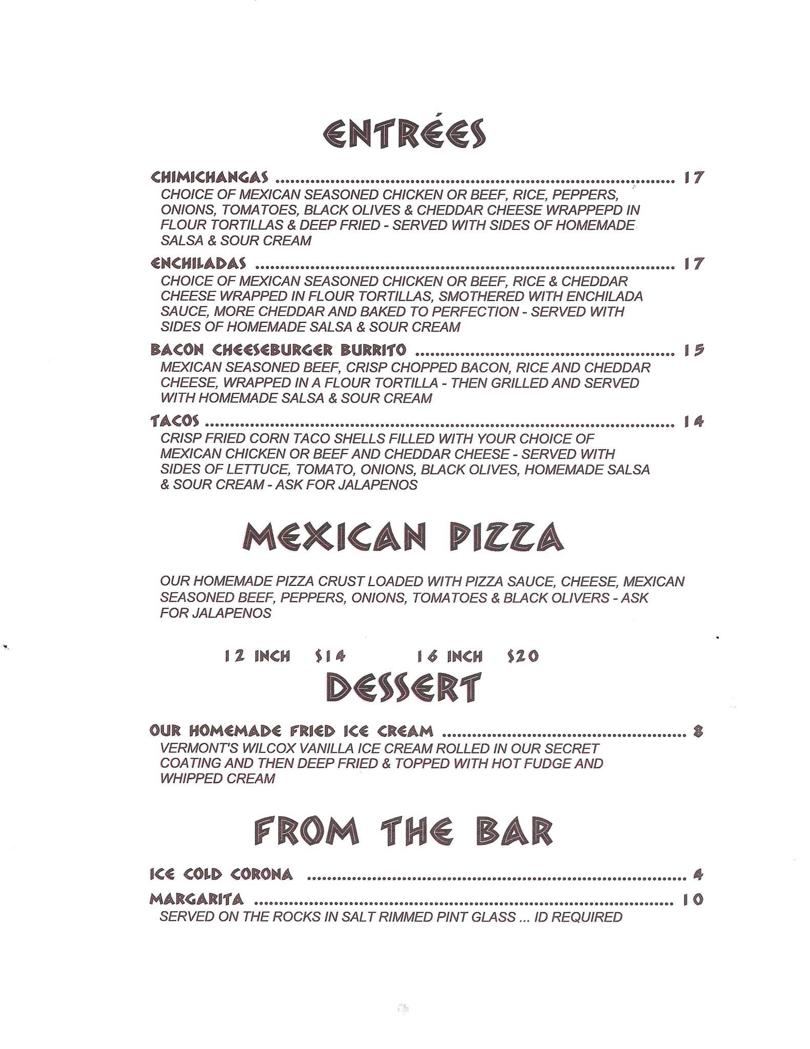 Menu at Wheel Inn restaurant, Benson
