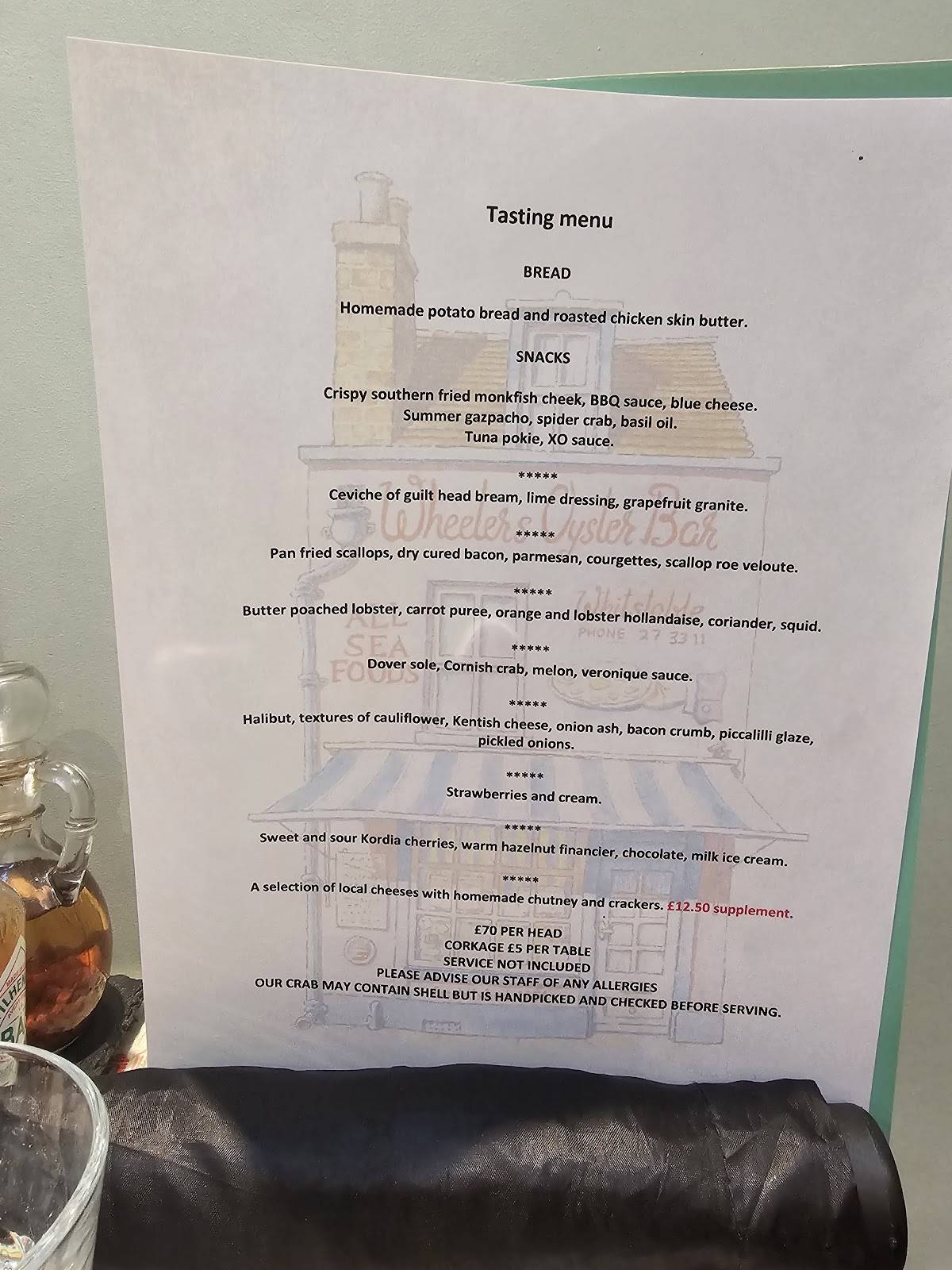 Menu at Wheelers Oyster Bar, Whitstable