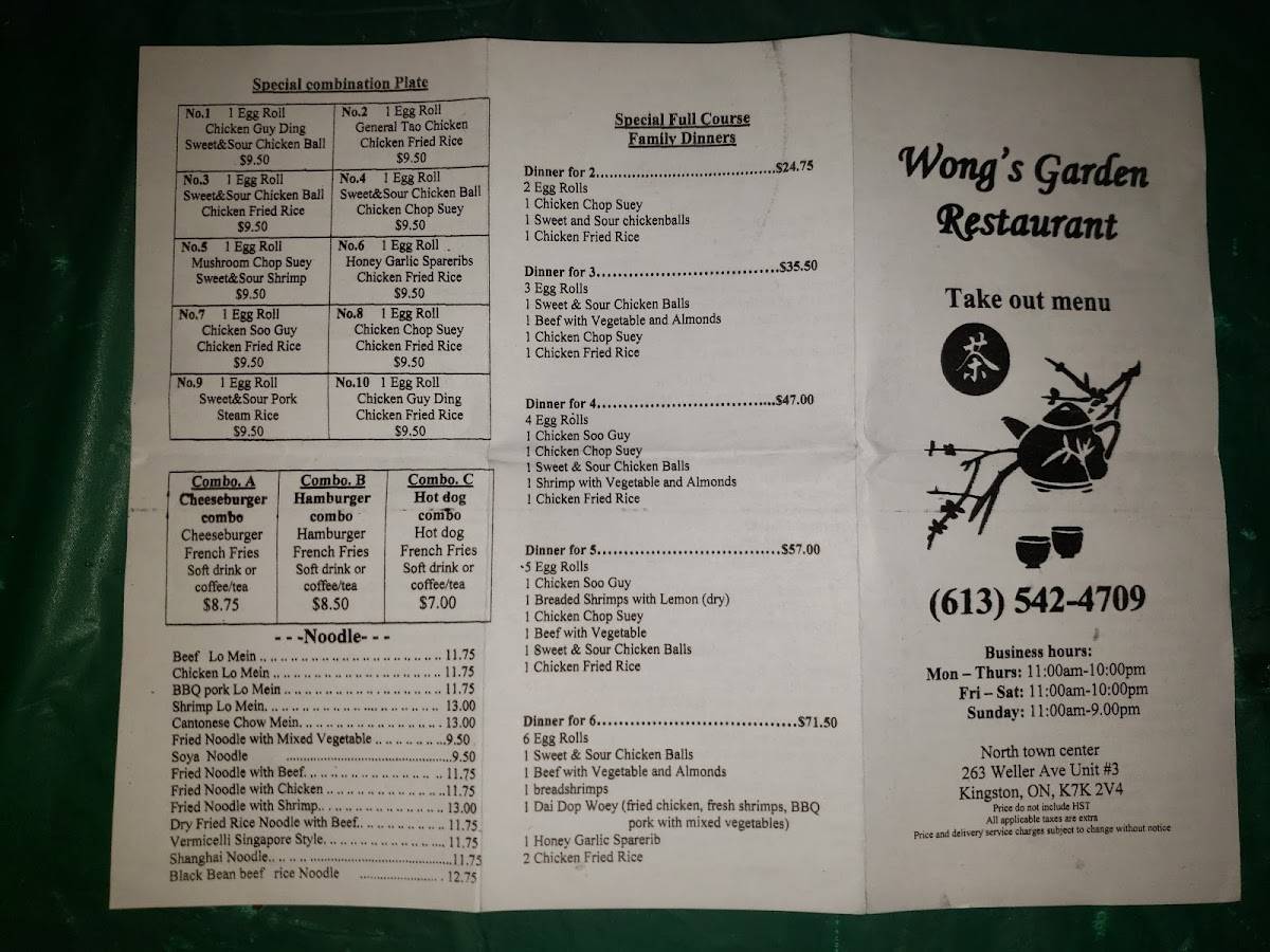 Menu at Wong's Garden Restaurant, Kingston