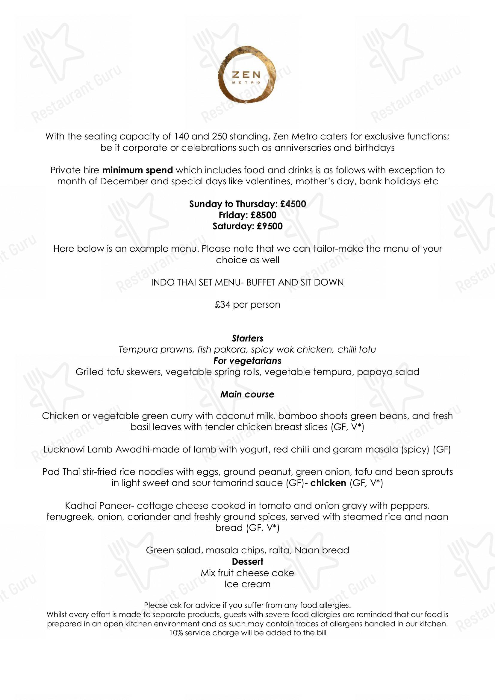 Carta del restaurante Zen Metro, Birmingham