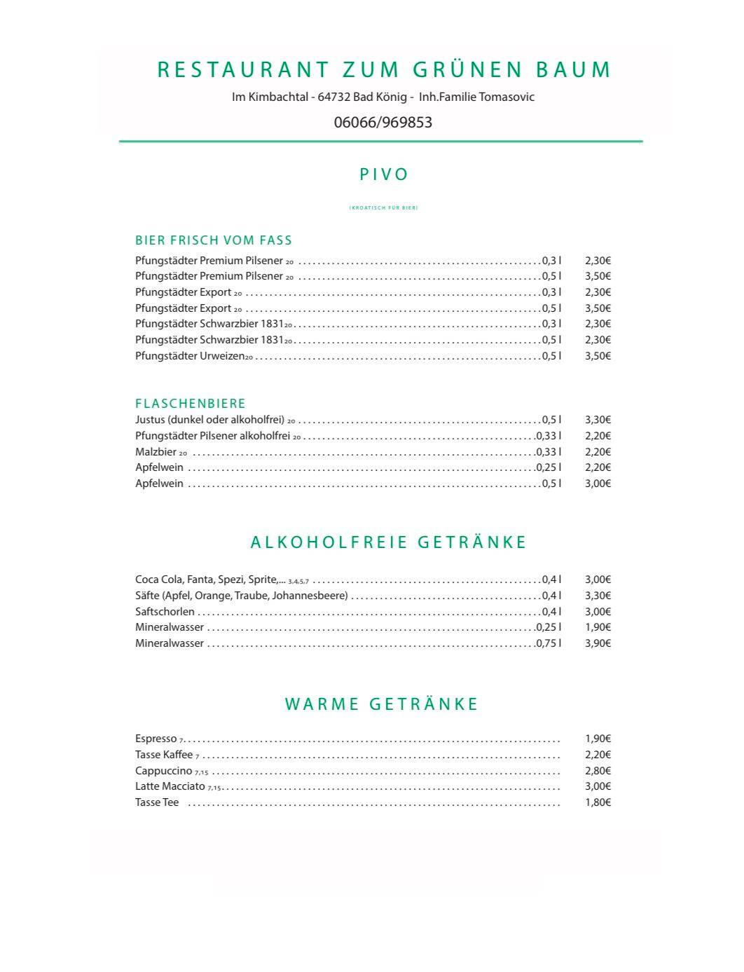 Speisekarte von Grüner Baum restaurant, Bad König, Im Kimbachtal 40