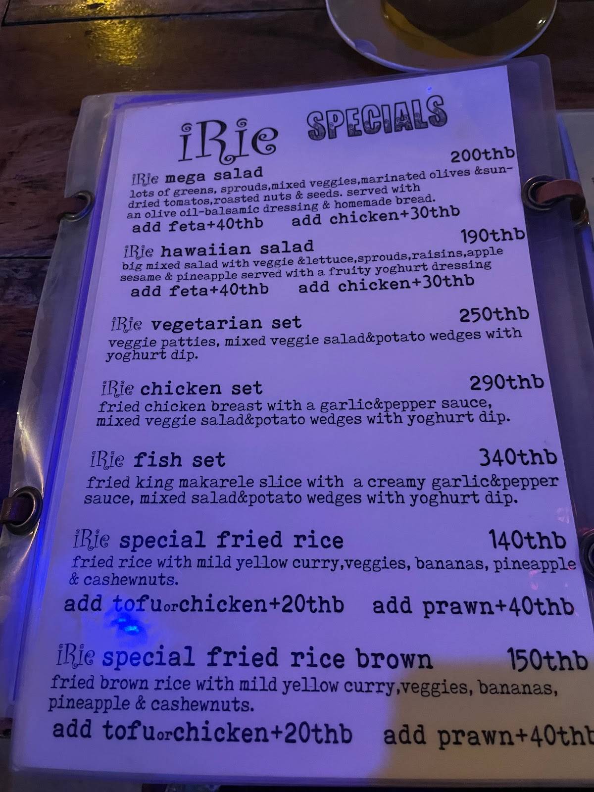 Menu at iRie Restaurant. Bar. Boutique., Ko Lanta Yai