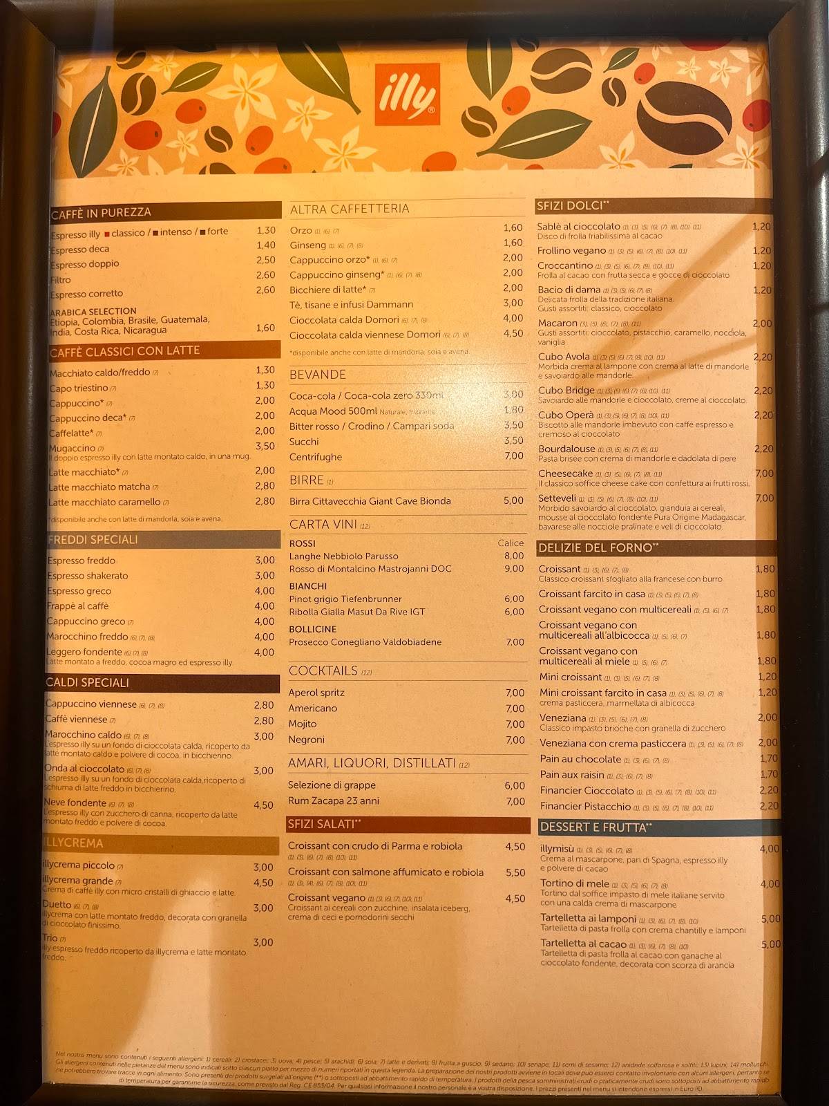 Speisekarte von illy restaurant, Mailand, Rinascente