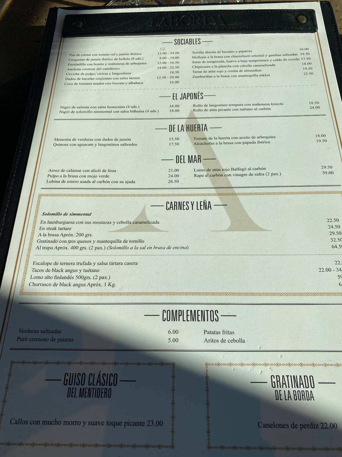 Carta de Restaurante La Borda del Mentidero, Madrid