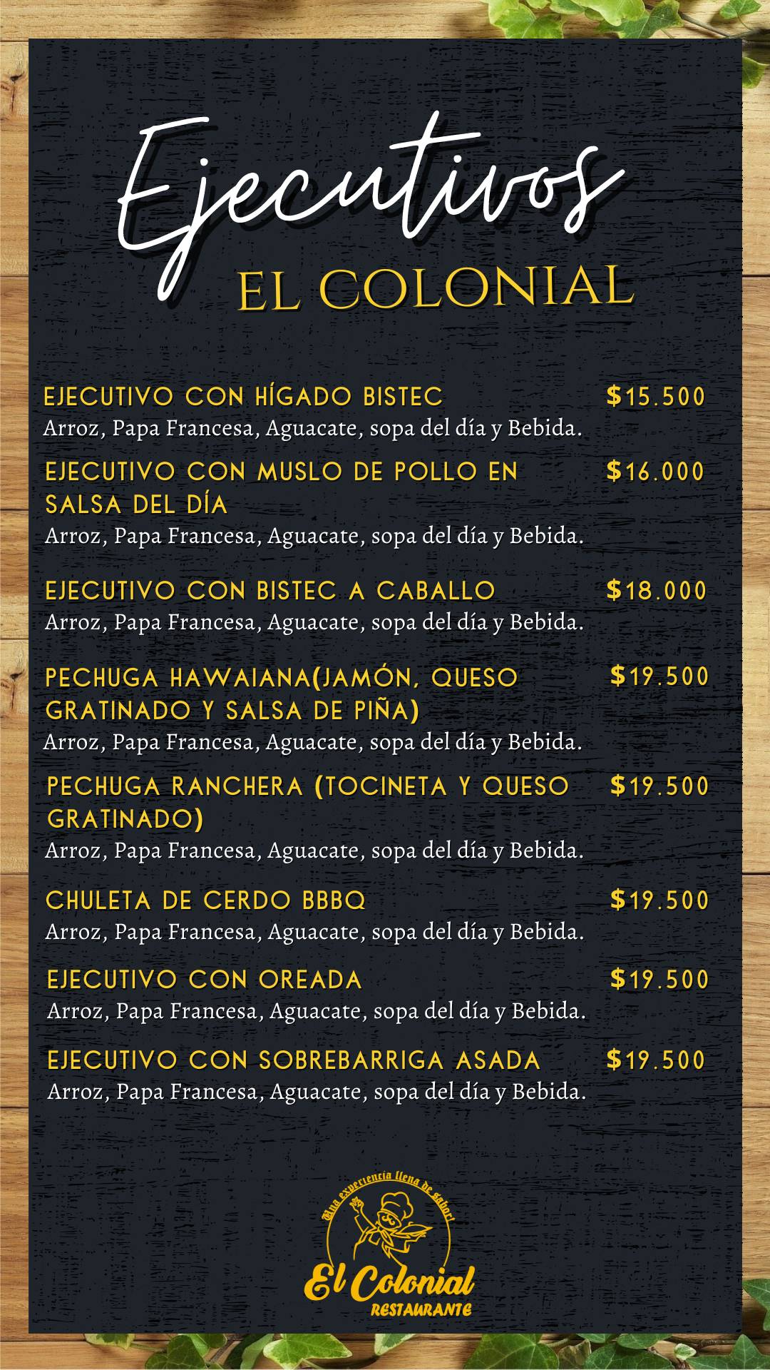 Menu at Restaurante el Colonial, Bucaramanga