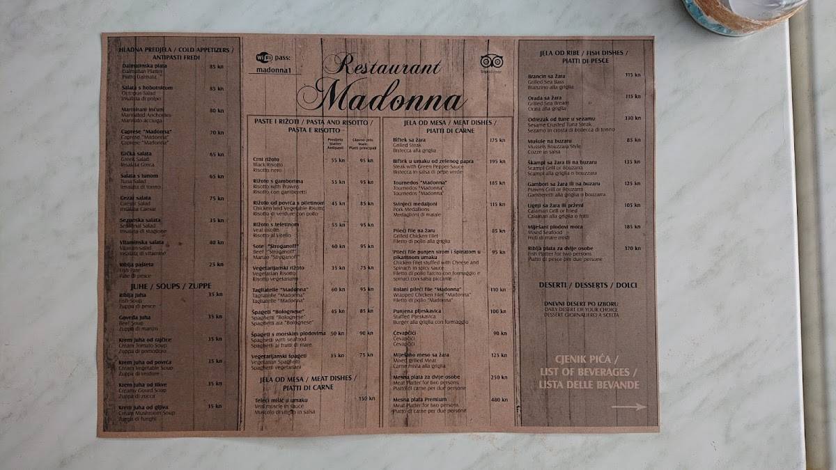 Menu at Restoran Madonna restaurant, Dubrovnik