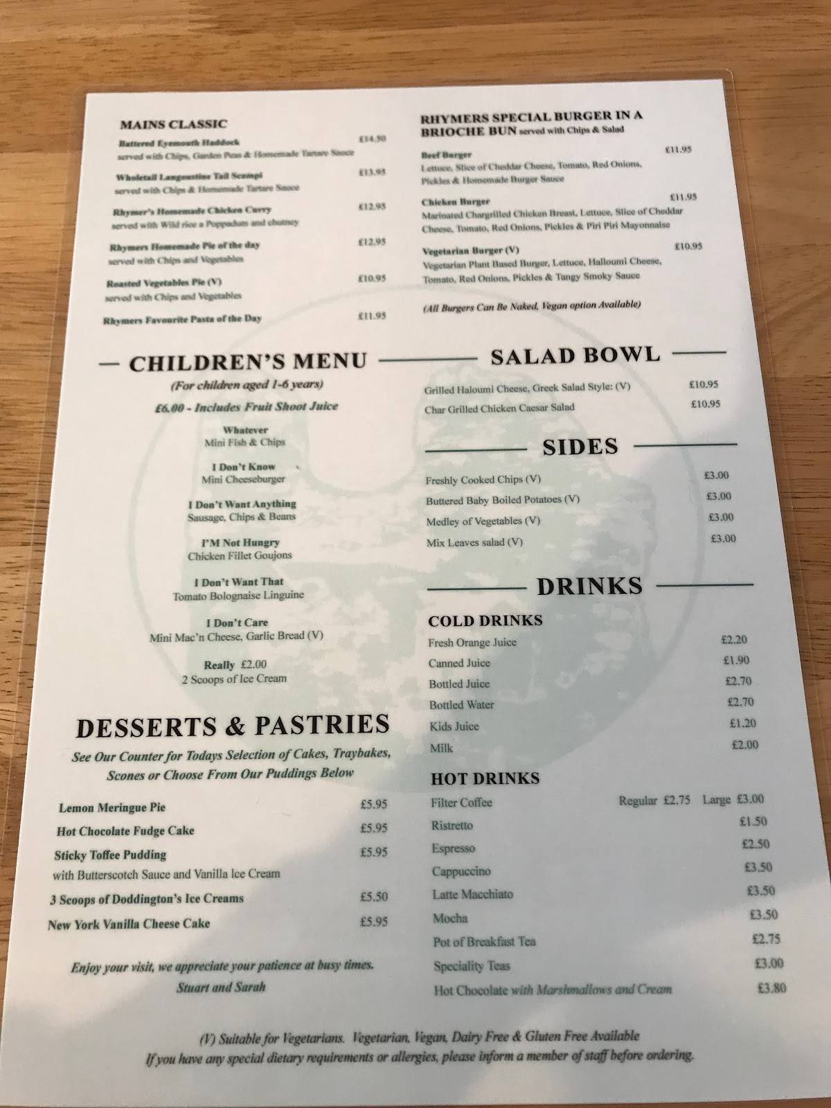 Menu at Rhymers Tower Coffee Shop and Restaurant, Earlston