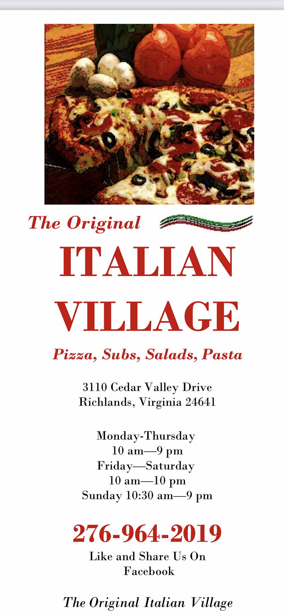 Menu at Italian Village pizzeria, Richlands, Cedar Valley Dr