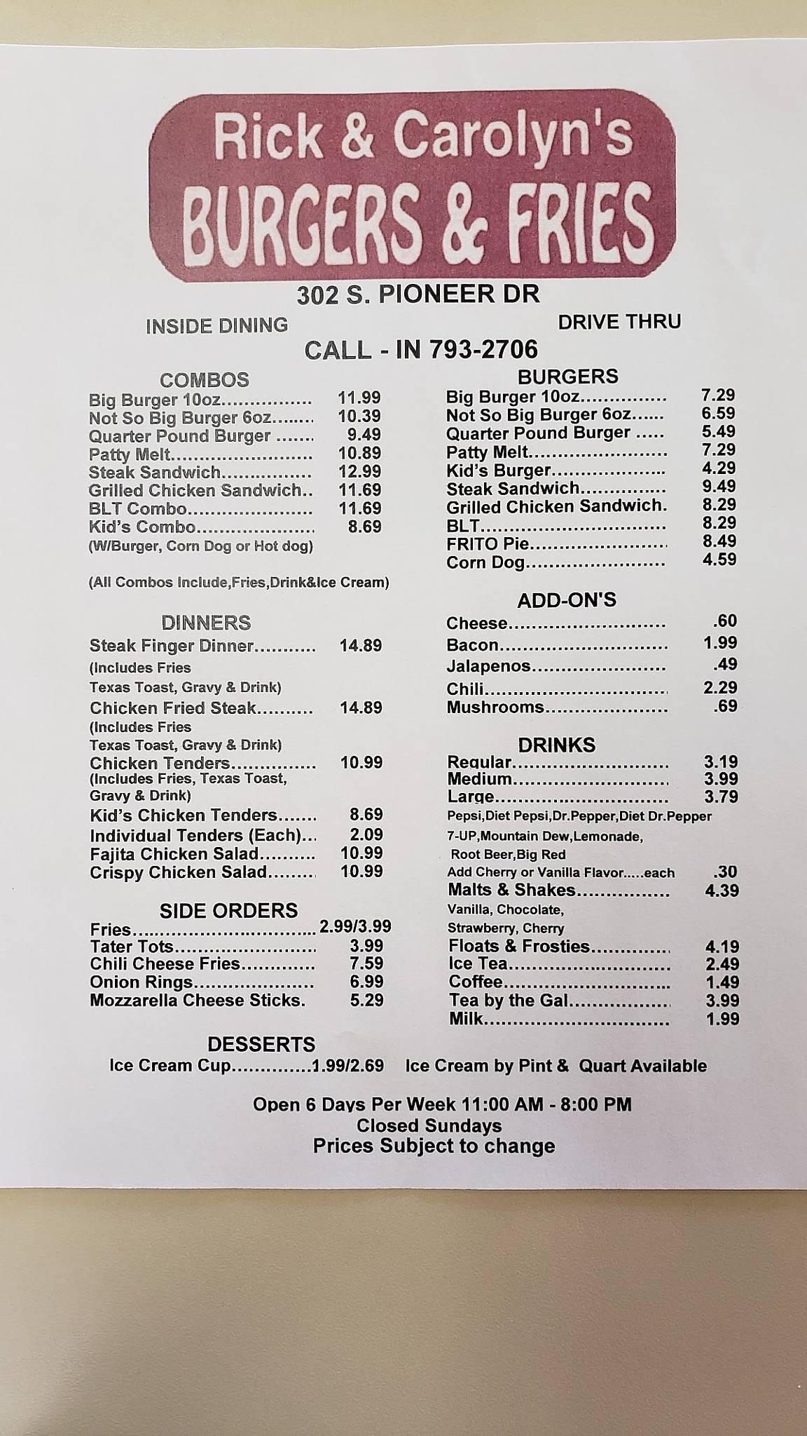 Menu at Rick & Carolyn's Burgers & Fries restaurant, Abilene, 302 S ...