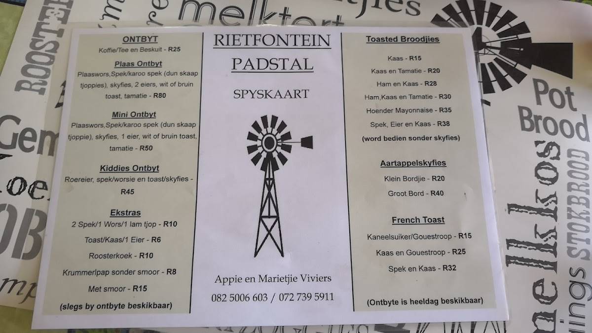 Menu at Rietfontein Padstal Leeu-Gamka restaurant, South Africa