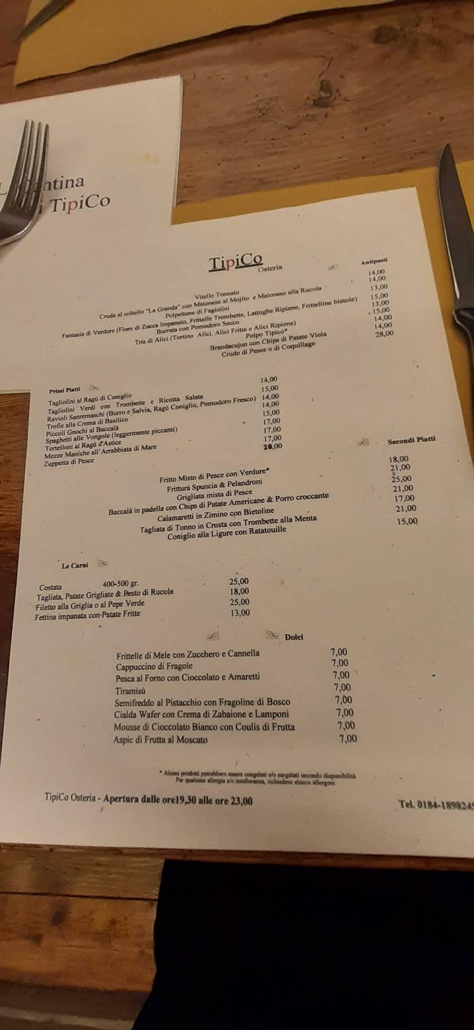 Menu da Tipico Osteria Ex Trattoria Sapori di Pasta ristorante, Sanremo