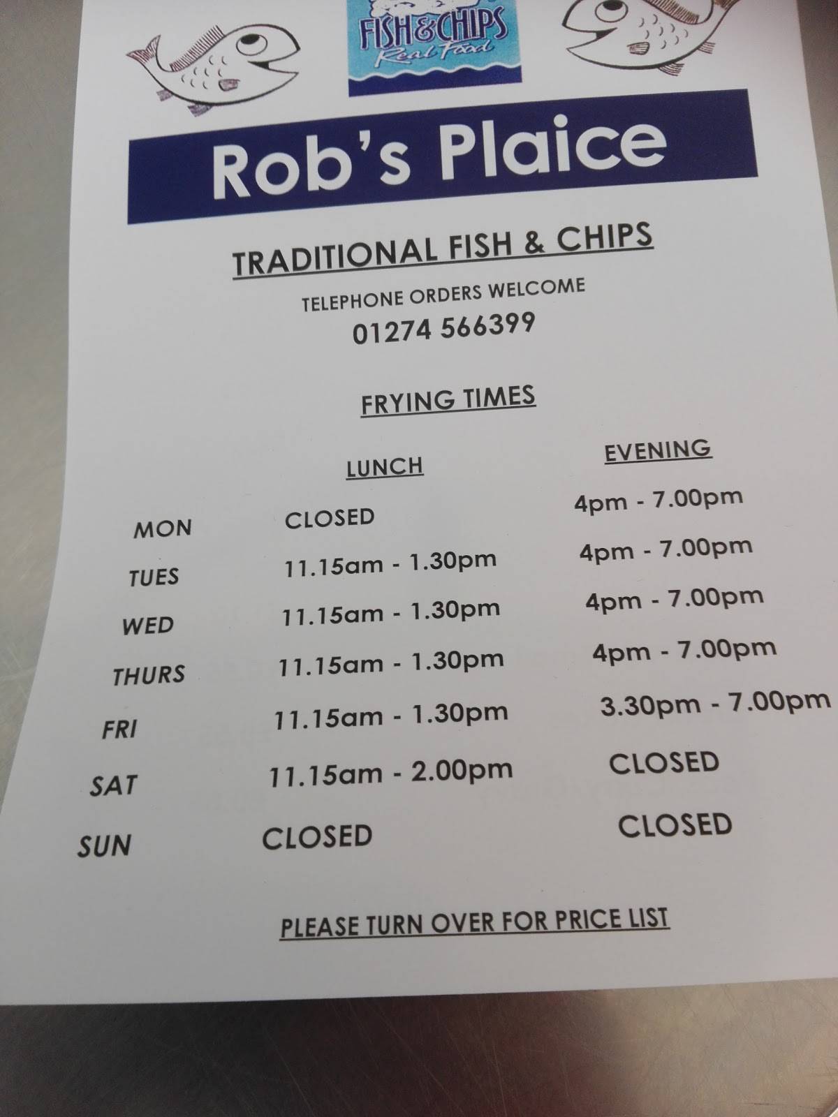 Menu at Rob's Plaice restaurant, Bingley